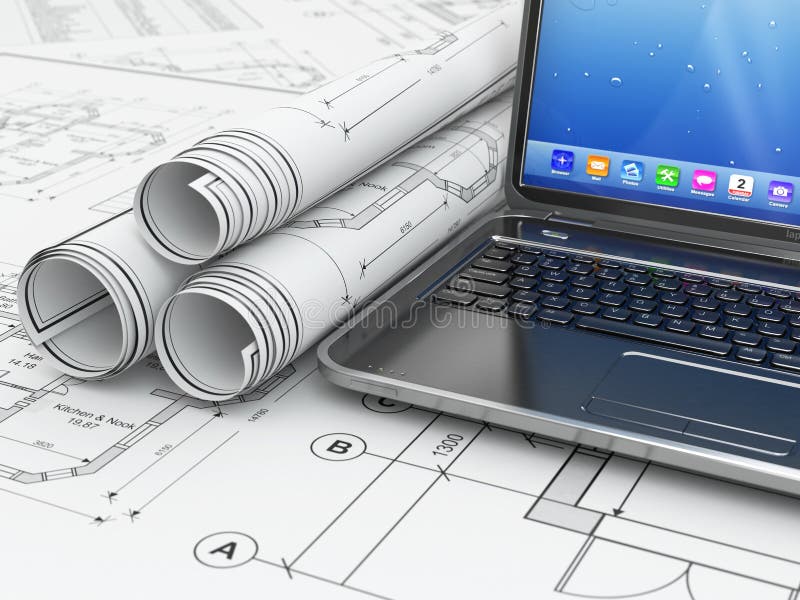 Laptop and Blueprint with House Project. Stock Illustration ...