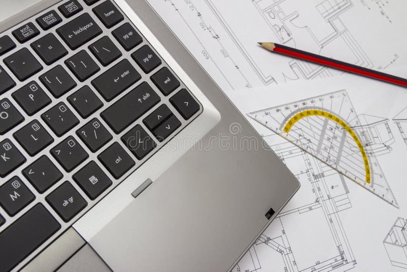 Laptop and Blueprints stock image. Image of drafting - 45836837
