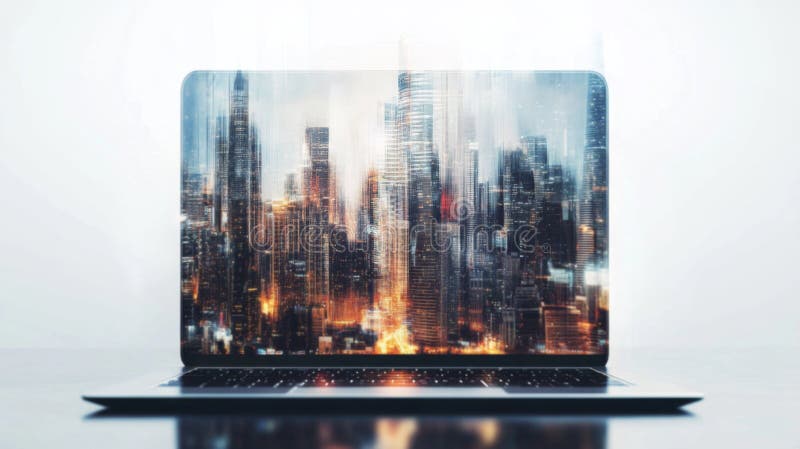 Laptop with Blurred City Reflection on White Background Stock ...