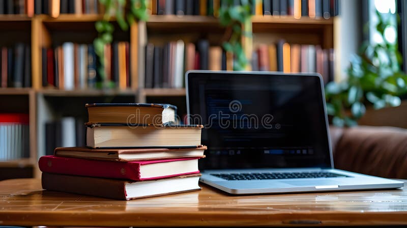 Laptop and Book on a Desk in Library Stock Illustration - Illustration ...