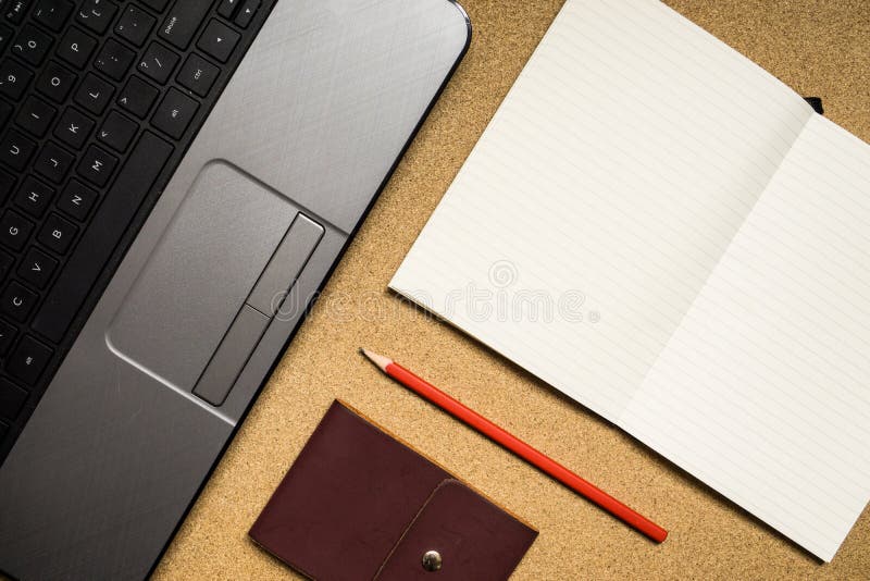 Laptop, Book, Pencil and Notebook on Wooden Table Stock Image - Image ...