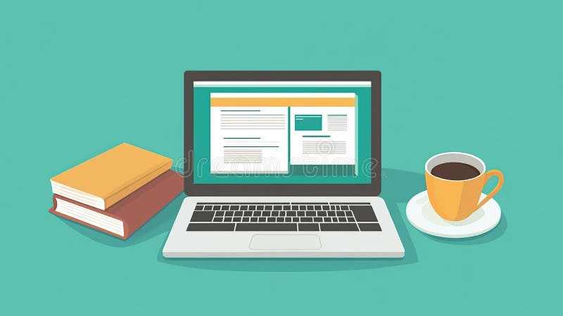 Laptop, Books, Coffee on Desk, Online Learning Stock Illustration ...