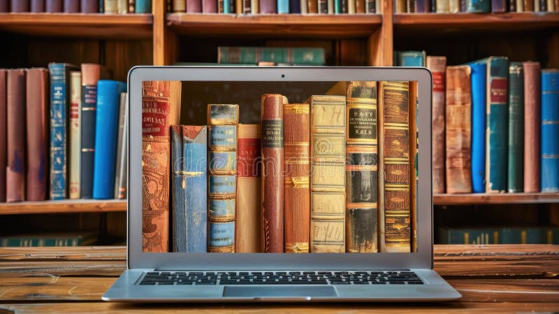 Laptop with Books Display.AI Generated Image Stock Photo - Image of ...