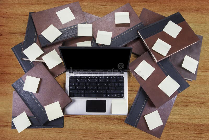 Laptop with Books and Notepad Stock Photo - Image of note, angle: 45768478