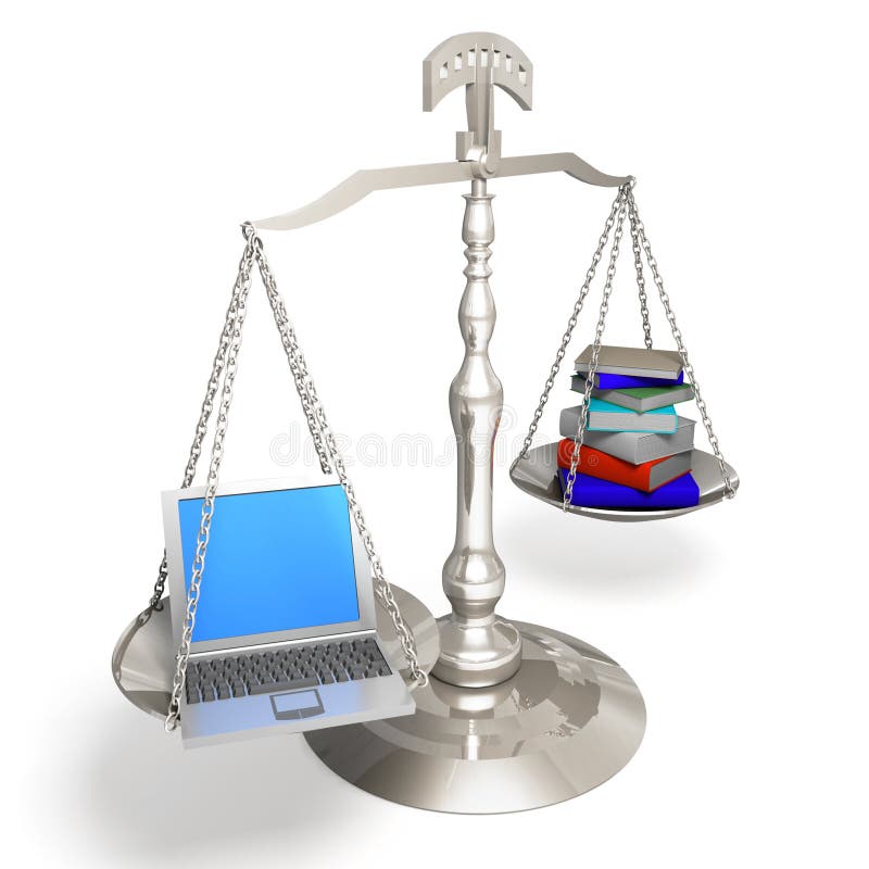 Laptop and books on scale stock illustration. Illustration of laptop ...