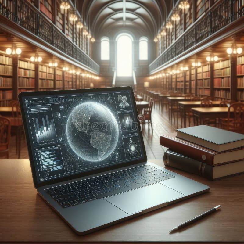Laptop and Books on Table in Library. Education Concept. Stock ...