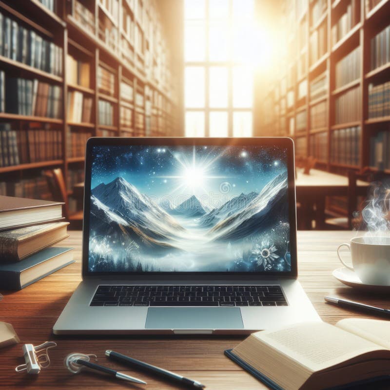Laptop and Books on Table in Library. Education Concept. Stock ...