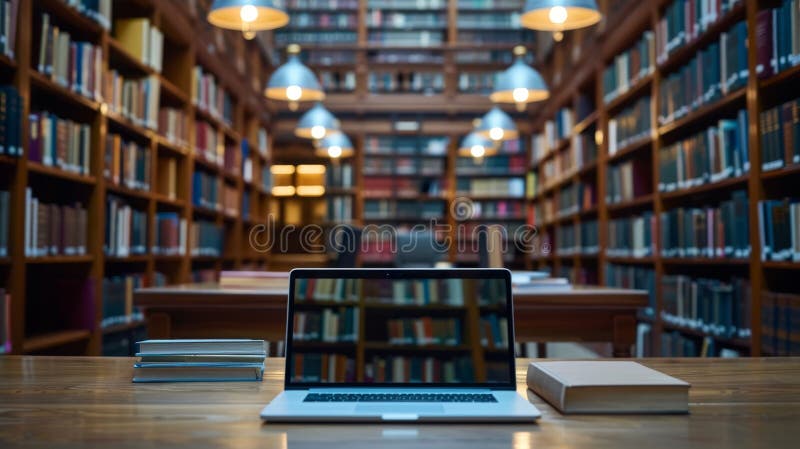 Laptop and Books on the Table in Library, Learning or Education Concept ...
