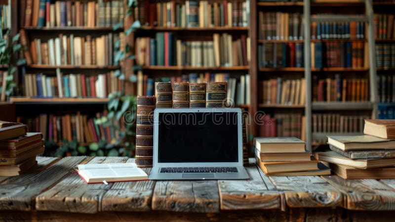 Laptop and Books on the Table in Library, Learning or Education Concept ...