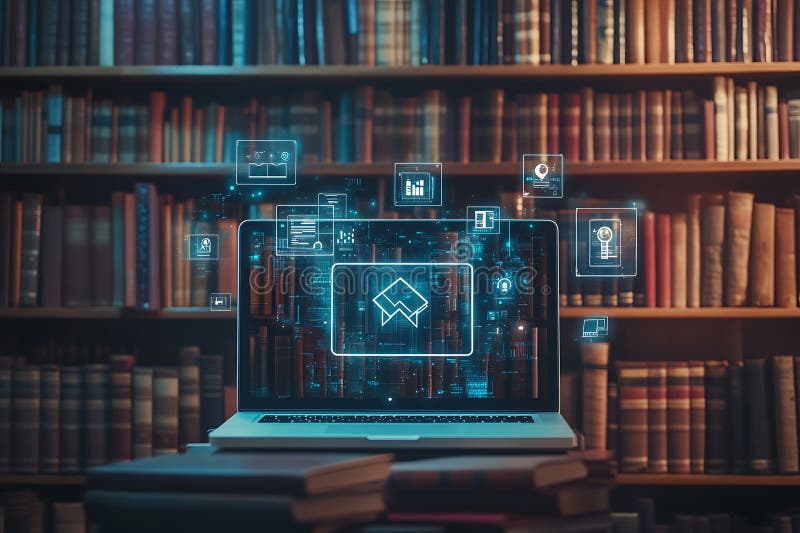 Laptop and Bookshelf Ai Generator Stock Illustration - Illustration of ...