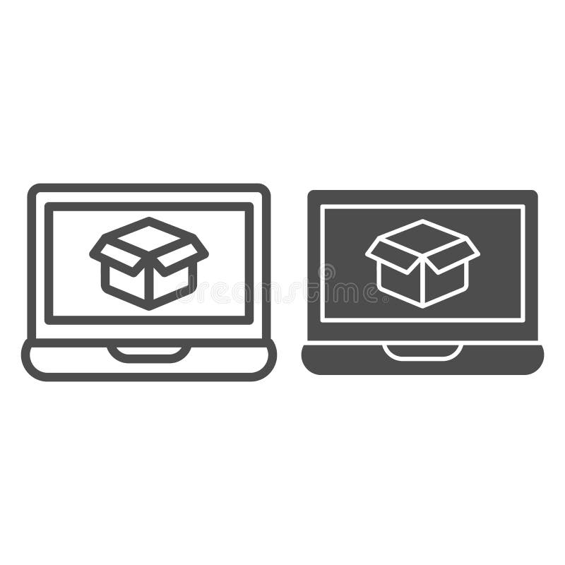 Laptop with Box on Screen Line and Glyph Icon. Notebook with Cardboard ...
