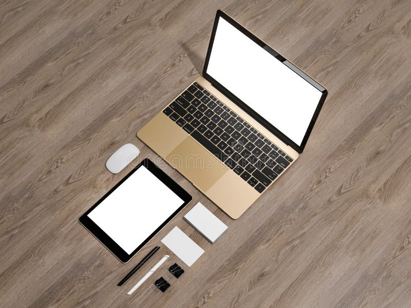 Laptop Branding Mockup Business Cards, Tablet PC Stock Illustration ...
