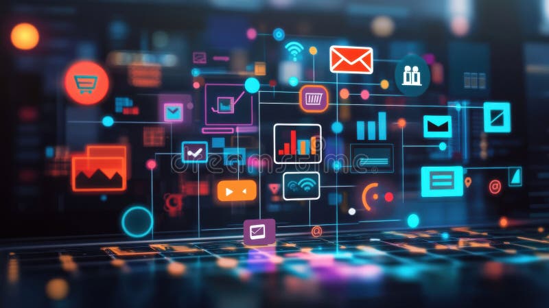 A Laptop with a Bunch of Different Icons on it Stock Illustration ...