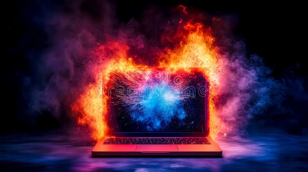 Laptop Burning in Flames and Smoke with Blue Explosion on Screen Stock ...