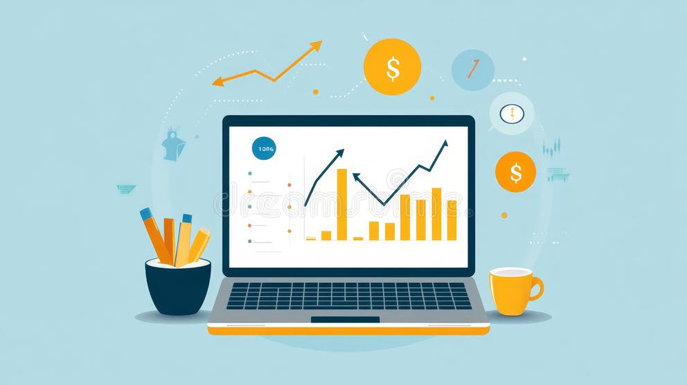 Laptop with Business Chart and Coffee Visual Representation of Data ...