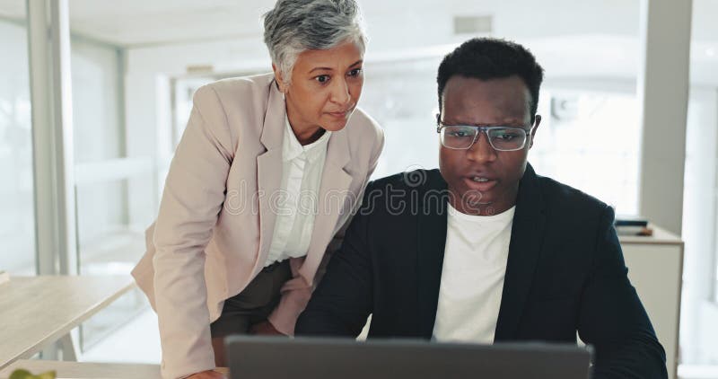 Laptop, Business People and Mentor Training Intern, Help and Advice for ...