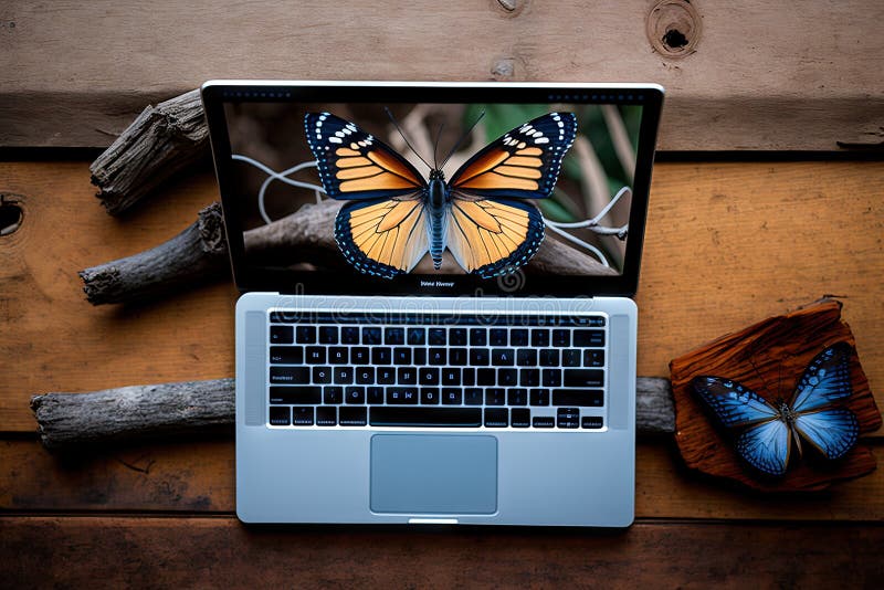 Laptop with Butterfly on a Wooden Desk Stock Illustration ...