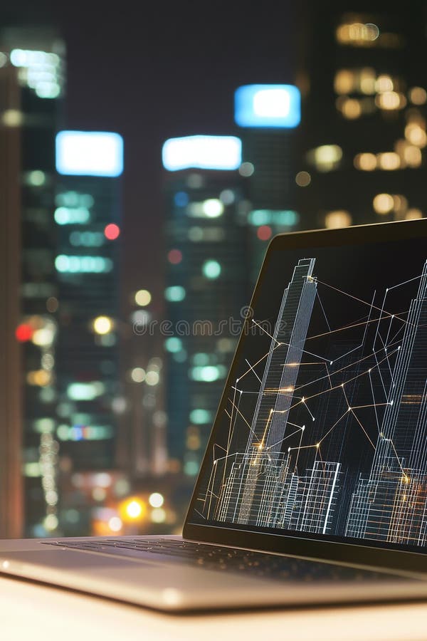 Laptop with CAD Software Illustrating an Advanced Energy Grid for a ...