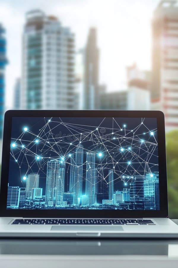 Laptop with CAD Software Illustrating an Advanced Energy Grid for a ...