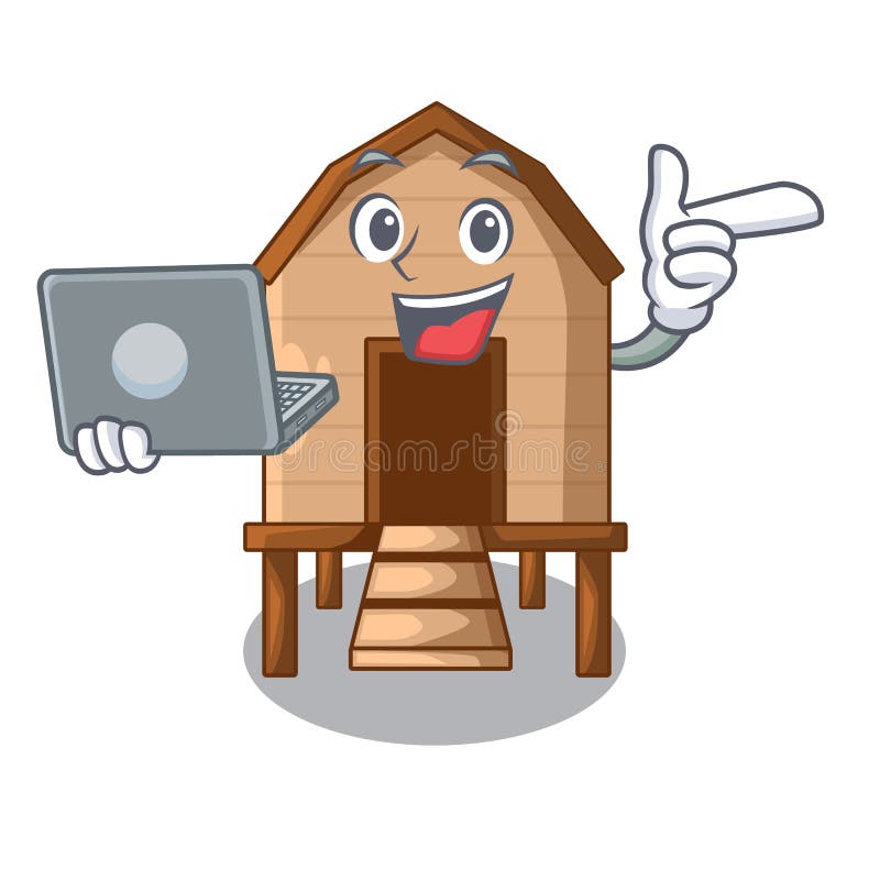 With Laptop Cartoon Chicken the in Coop Shape Stock Vector ...