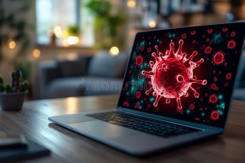 Laptop with Caution Warning Sign Virus Detection. Stock Image - Image ...