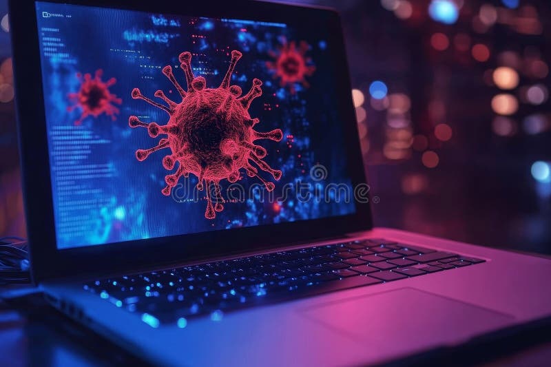 Laptop with Caution Warning Sign Virus Detection. Stock Image - Image ...