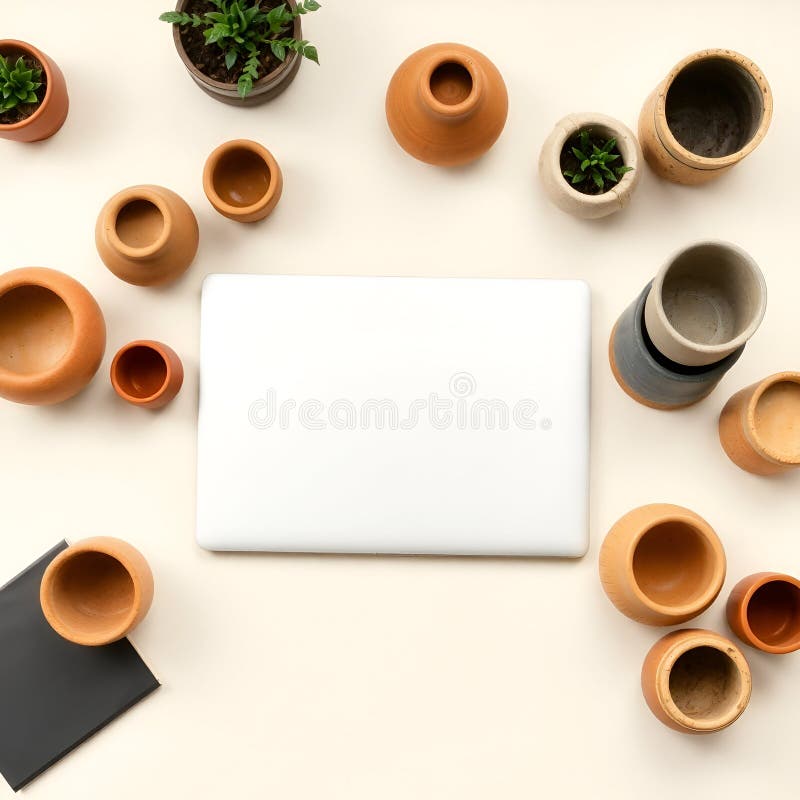 Laptop and Ceramic Pots Assortment Stock Illustration - Illustration of ...