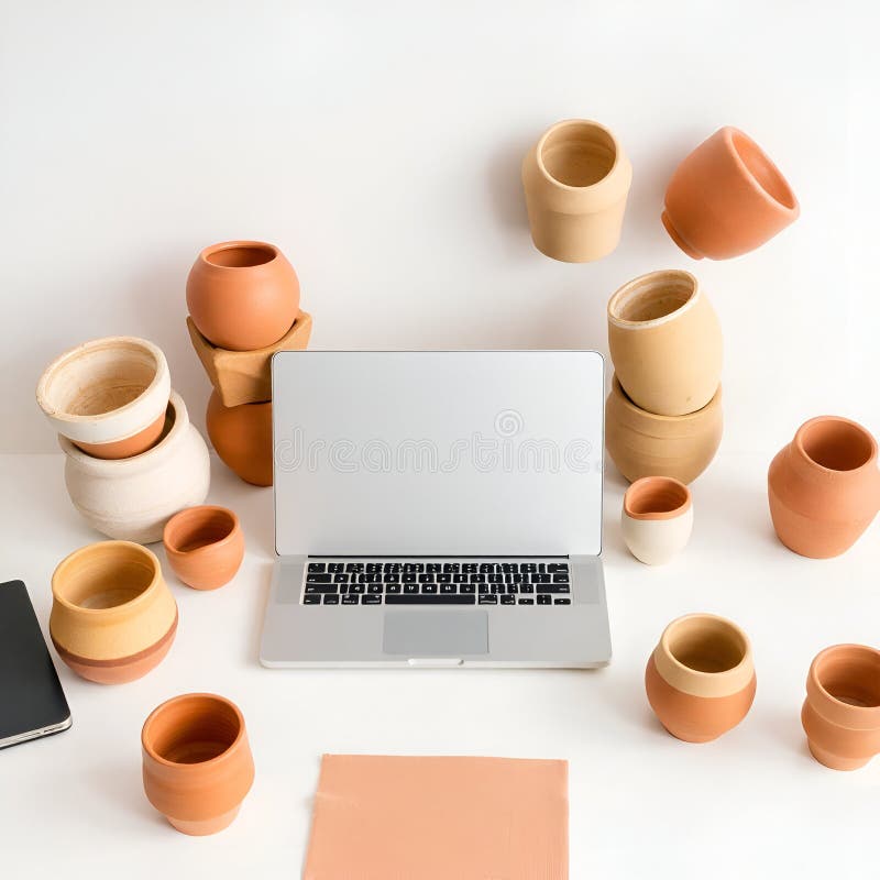Laptop and Ceramic Pots Assortment Stock Illustration - Illustration of ...