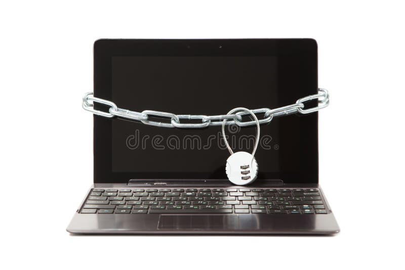 Laptop with Chains and Lock Isolated on White Background. Information ...