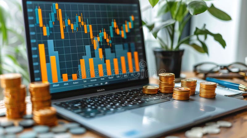 Laptop with a Chart Displaying Financial Data and Stacks of Coins Stock ...