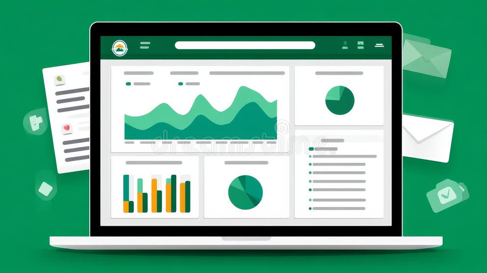 Laptop with Chart and Flying Papers, Visualizing Data Analysis, Business Reporting, Project ...