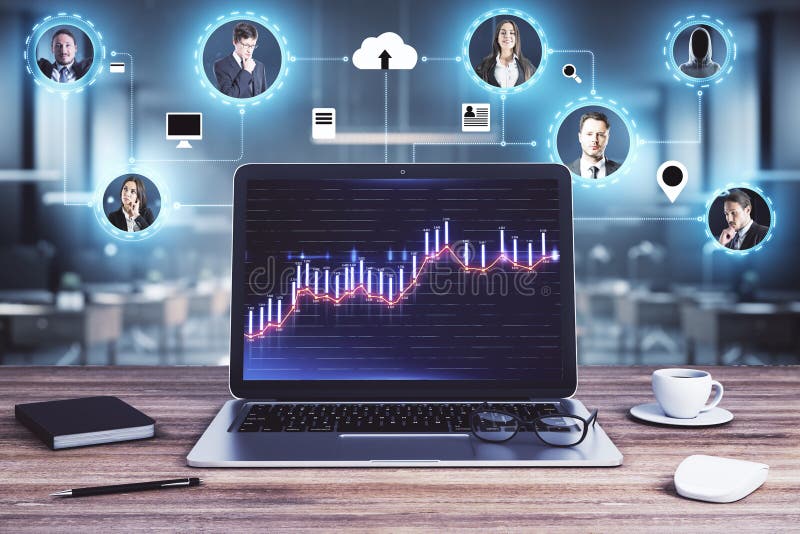 Laptop with Chart and Glowing Distant Coworking Remote Work Interface ...