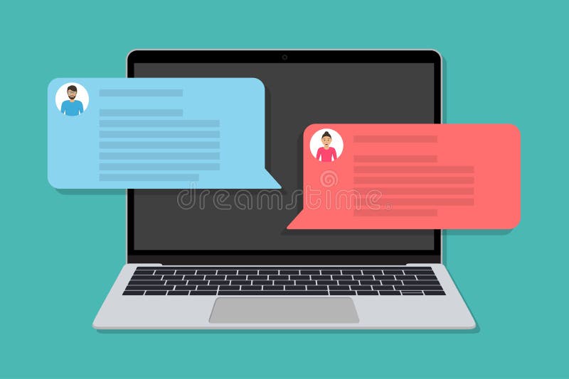 Laptop with Chat Messaging Speech Bubbles in a Flat Design. Online ...