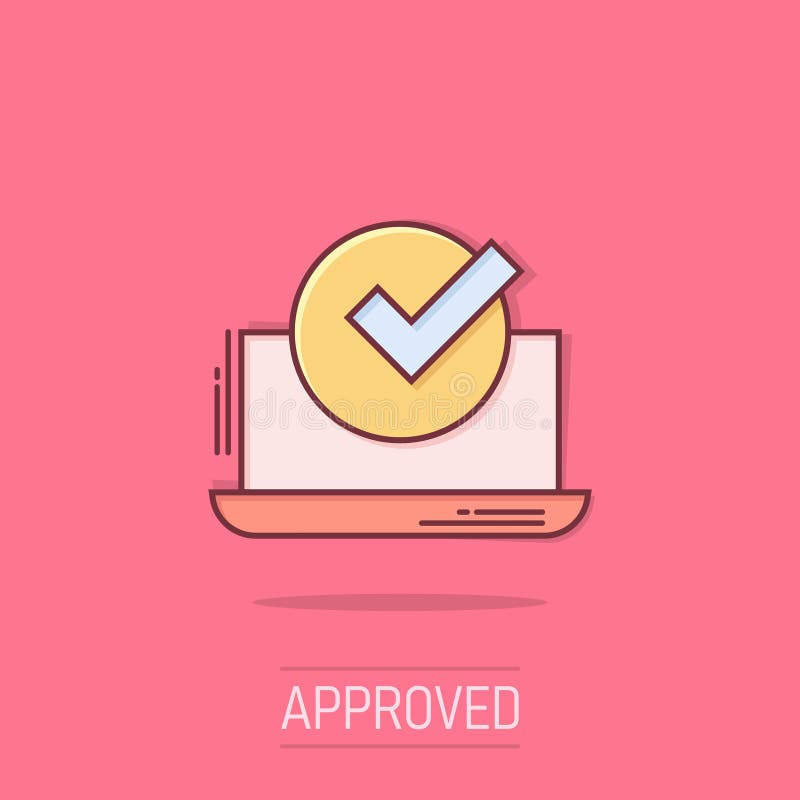 Laptop Check Mark Icon in Comic Style. Computer Approval Cartoon Vector ...