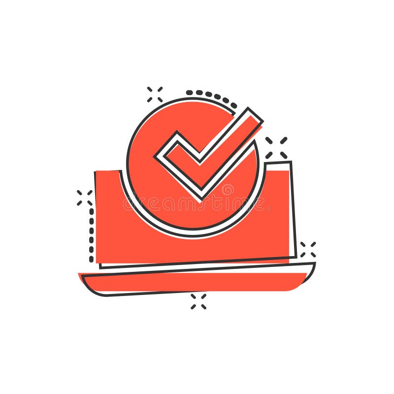 Laptop Check Mark Icon in Comic Style. Computer Approval Cartoon Vector ...