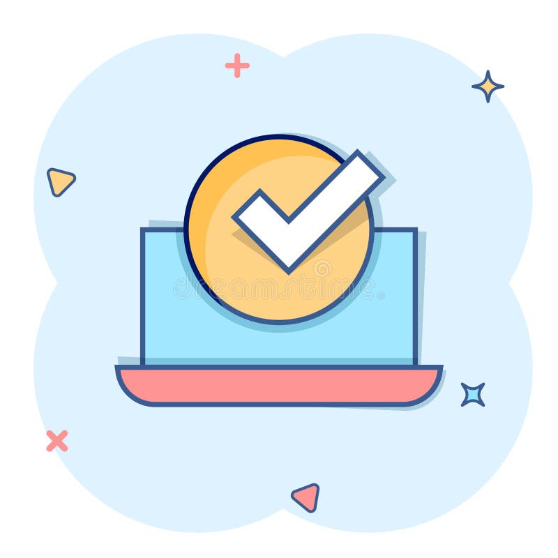 Laptop Check Mark Icon in Comic Style. Computer Approval Cartoon Vector ...