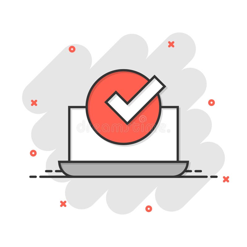 Laptop Check Mark Icon in Comic Style. Computer Approval Cartoon Vector ...