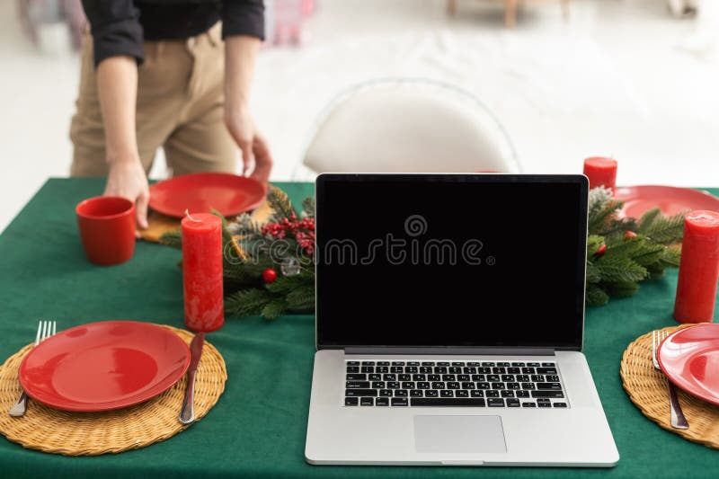 Laptop on the Christmas Table. Video Call with the Family Stock Photo ...