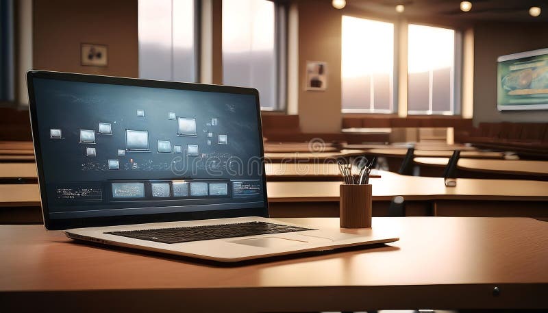 Laptop on a Classroom Desk Displays Multiple Screens. the Room is Empty ...