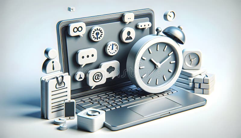 Laptop and Clock Icons with on Time Text Isolated on White Background ...