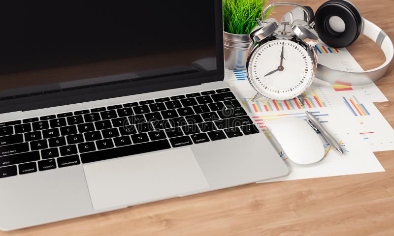 Laptop, Clock, Paper Chart and Other Devices on Wood Office Desk, 3D ...