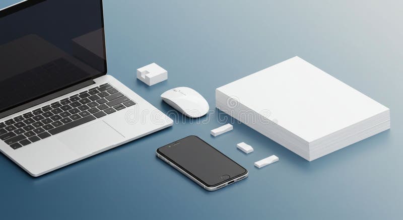 Laptop with a Closed Screen, a Wireless Mouse, a Stack of White Paper ...