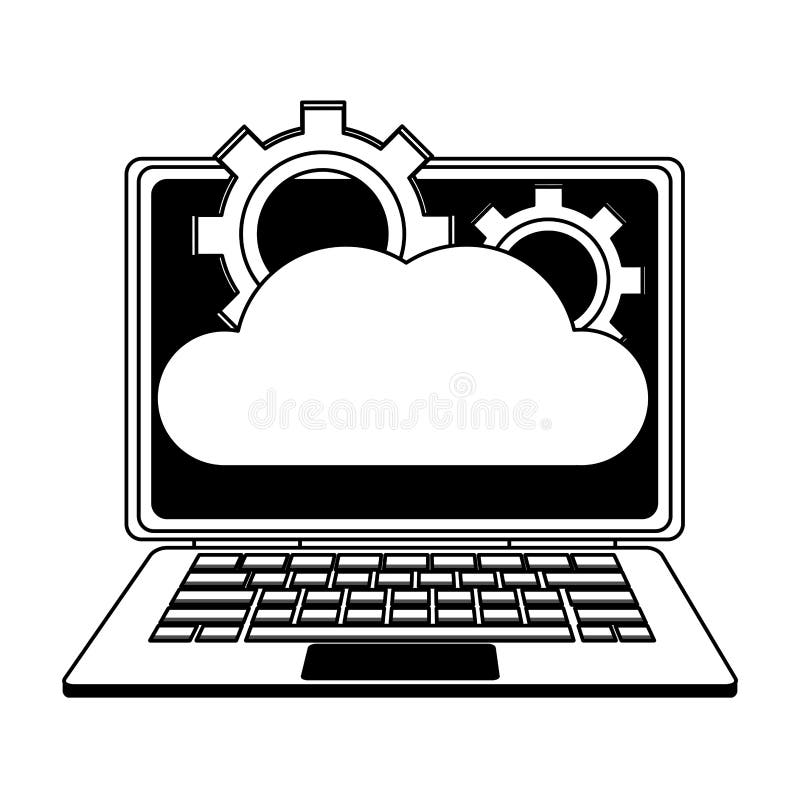 Laptop with Cloud Computing in Black and White Stock Vector ...