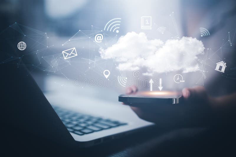 Laptop with Cloud Computing Diagram Show on Hand. Cloud Technology. Data Storage Stock Photo ...