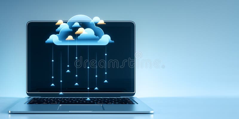 Laptop with Cloud Graphics Symbolizing Cloud Technology on Blue ...