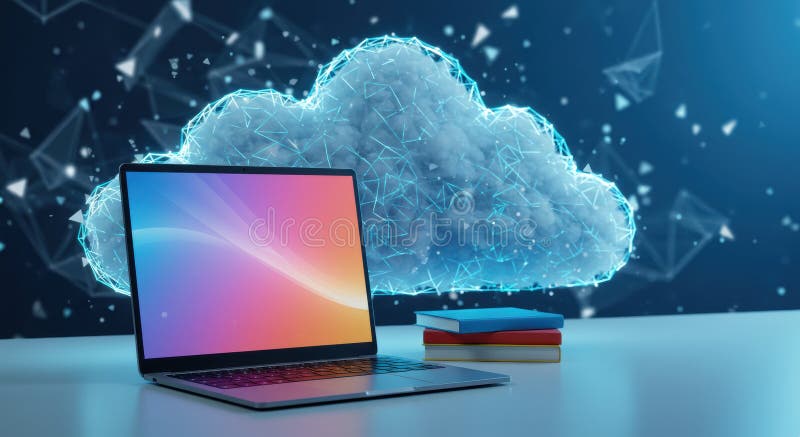 Laptop with Cloud Technology and Books for Online Learning and ...