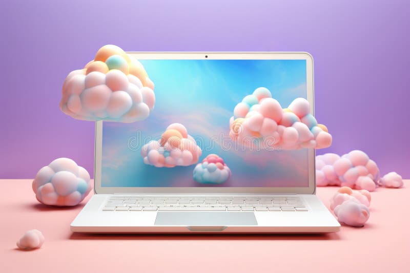 Laptop with Clouds Background in Pink Soft Pastel Color. Stock ...