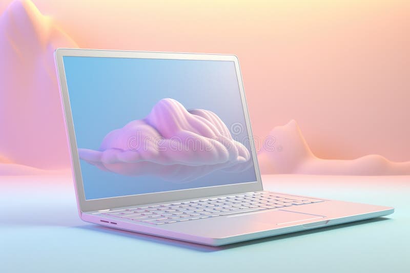 Laptop with Clouds Background in Pink Soft Pastel Color. Stock ...