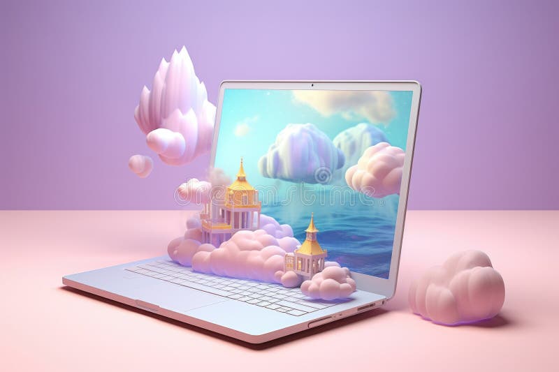 Laptop with Clouds Background in Pink Soft Pastel Color. Stock ...