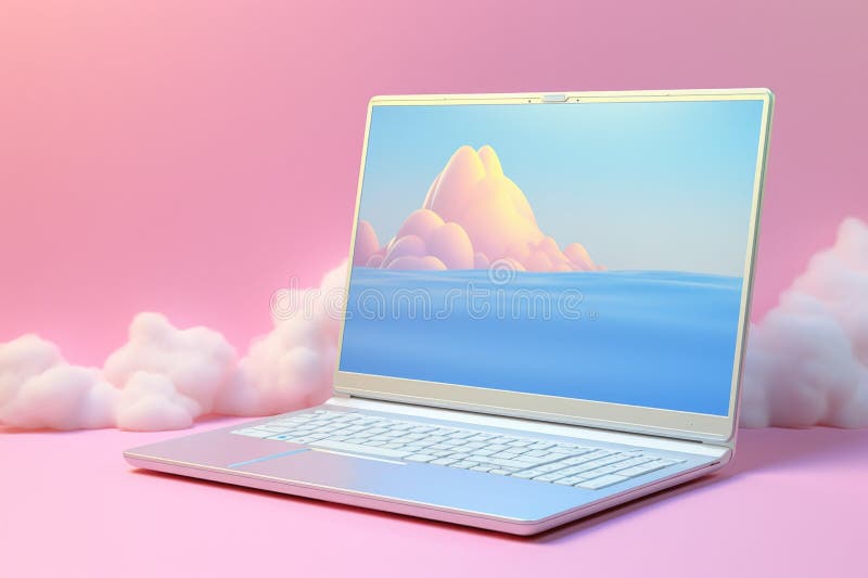 Laptop with Clouds Background in Pink Soft Pastel Color. Stock ...